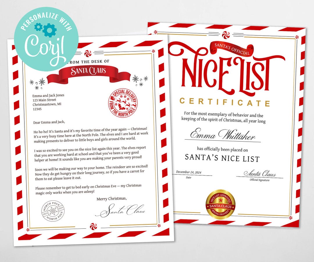 Editable Santa Letter & Nice List Certificate Template (digital ...