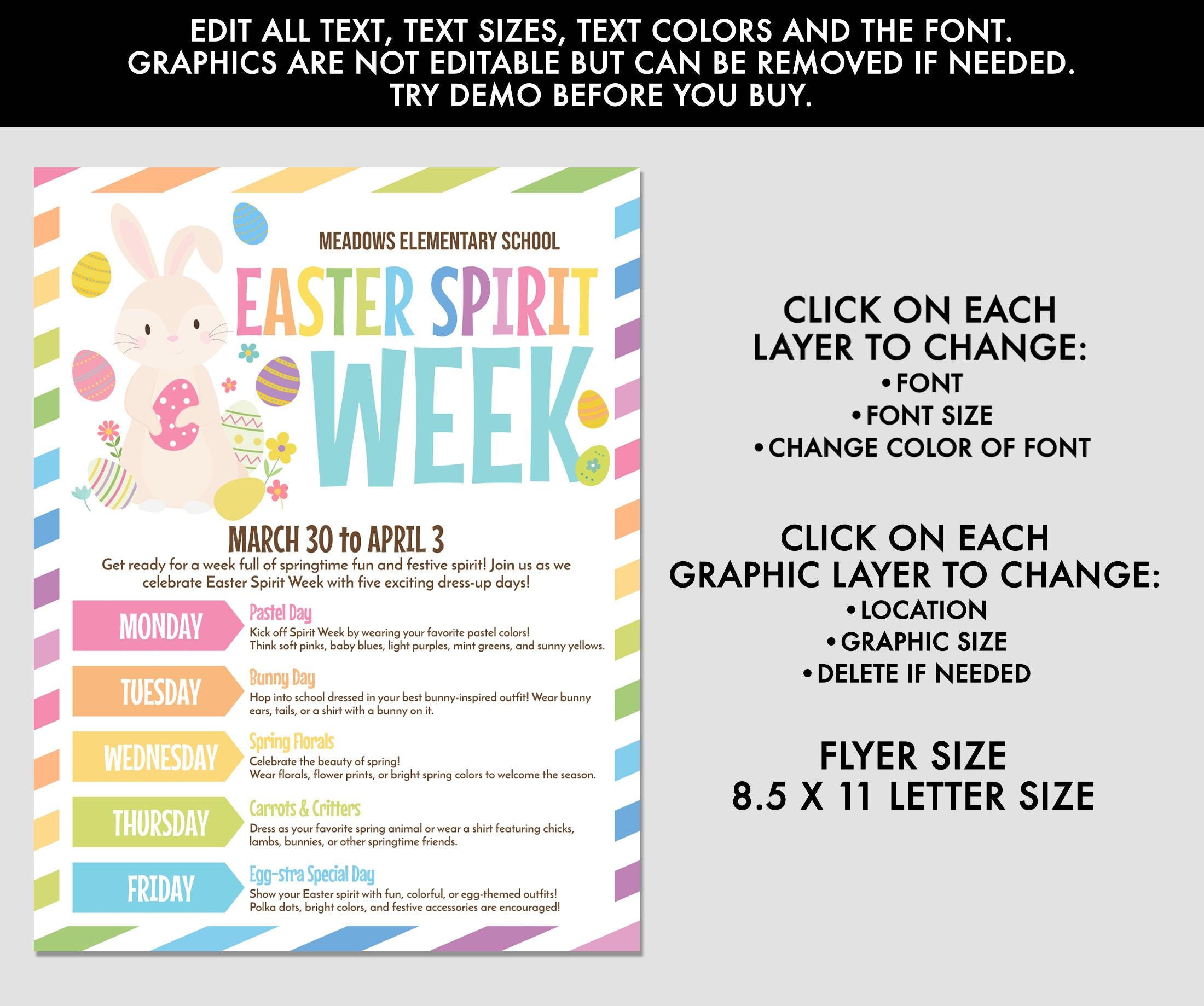 Easter Spirit Week Flyer Template, School Dress-up Schedule (corjl) - Etsy