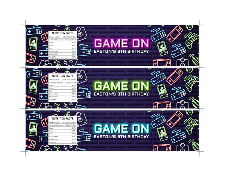 Video Game Birthday Water Bottle Labels: Neon Gaming Party (editable ...