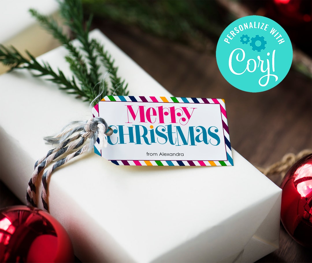 Editable Merry Christmas Gift Tag, Bright Happy Holidays Bag Tag ...