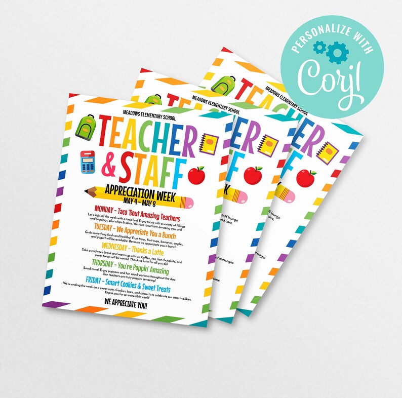 Teacher Appreciation Week Flyer | Editable School Staff Schedule (corjl ...