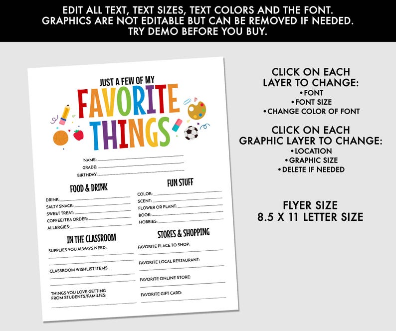 Editable Teacher Favorite Things List | Printable Questionnaire ...
