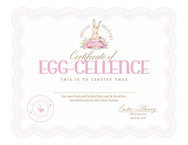Editable Easter Bunny Egg-cellence Certificate: Pink & Blue (instant ...