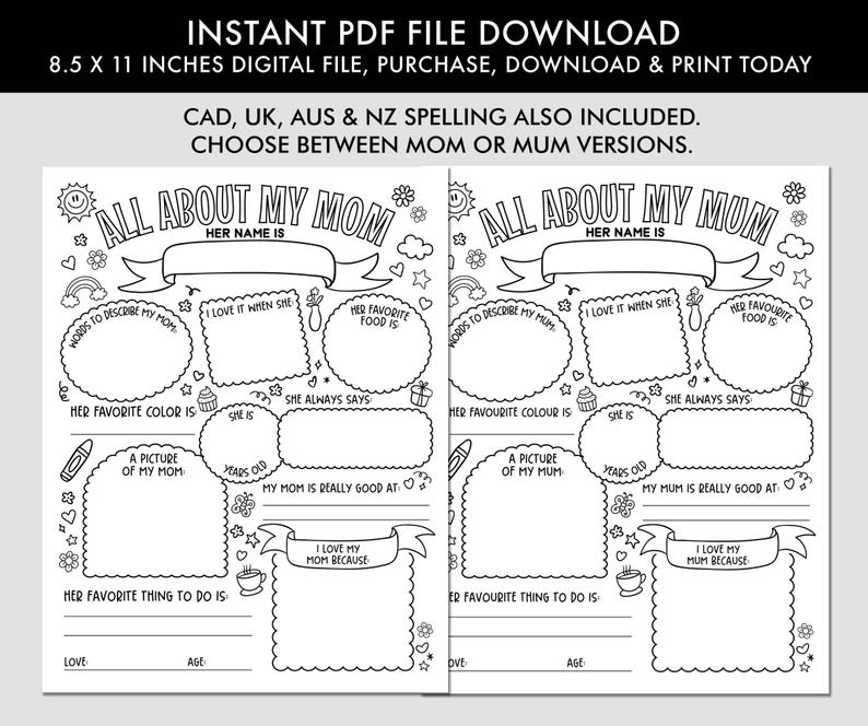 All About My Mom Mum Printable Coloring Page | Mother’s Day Worksheet ...