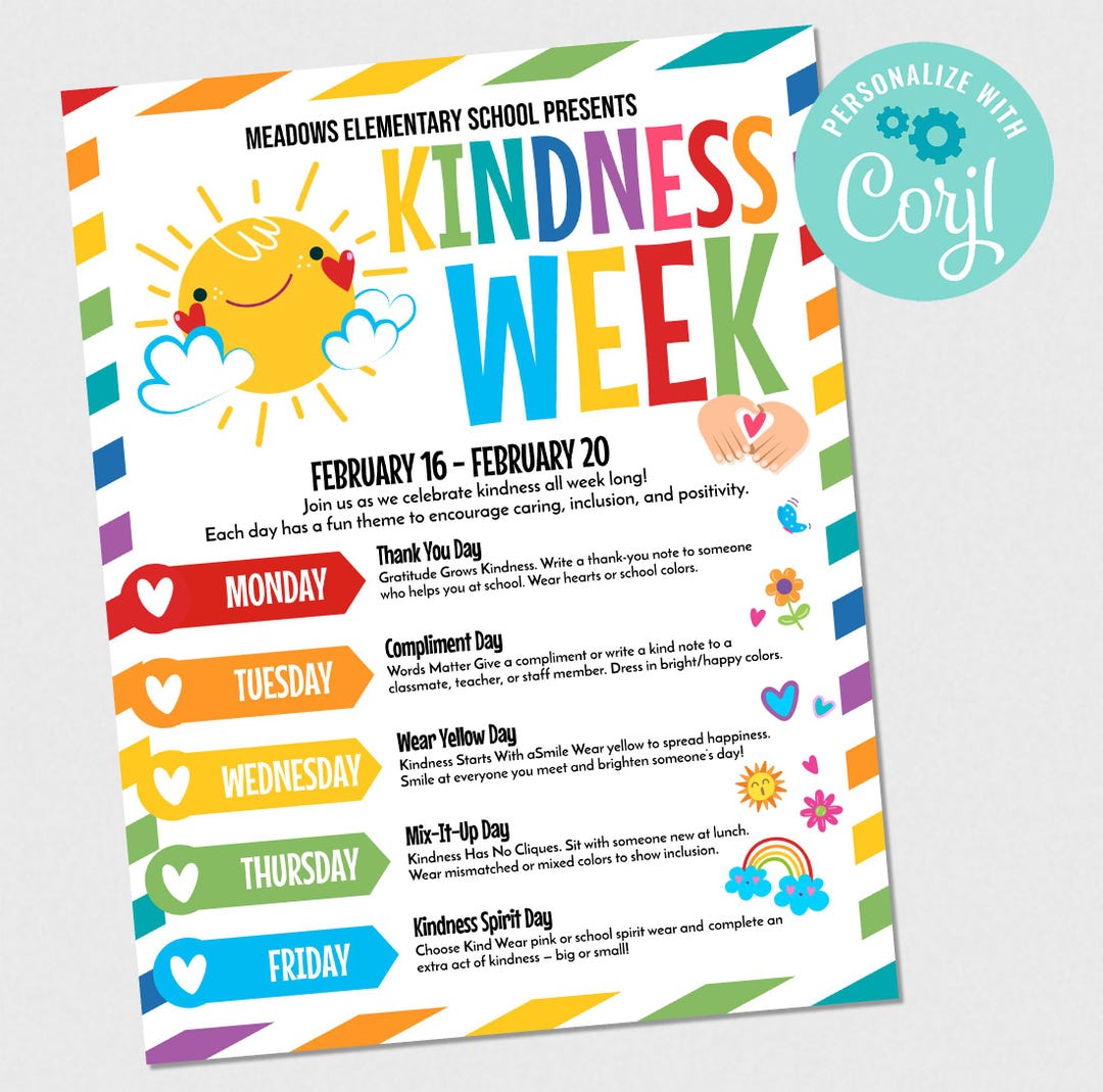Kindness Week Spirit Days Flyer | Editable School Activities (CORJL) - Etsy