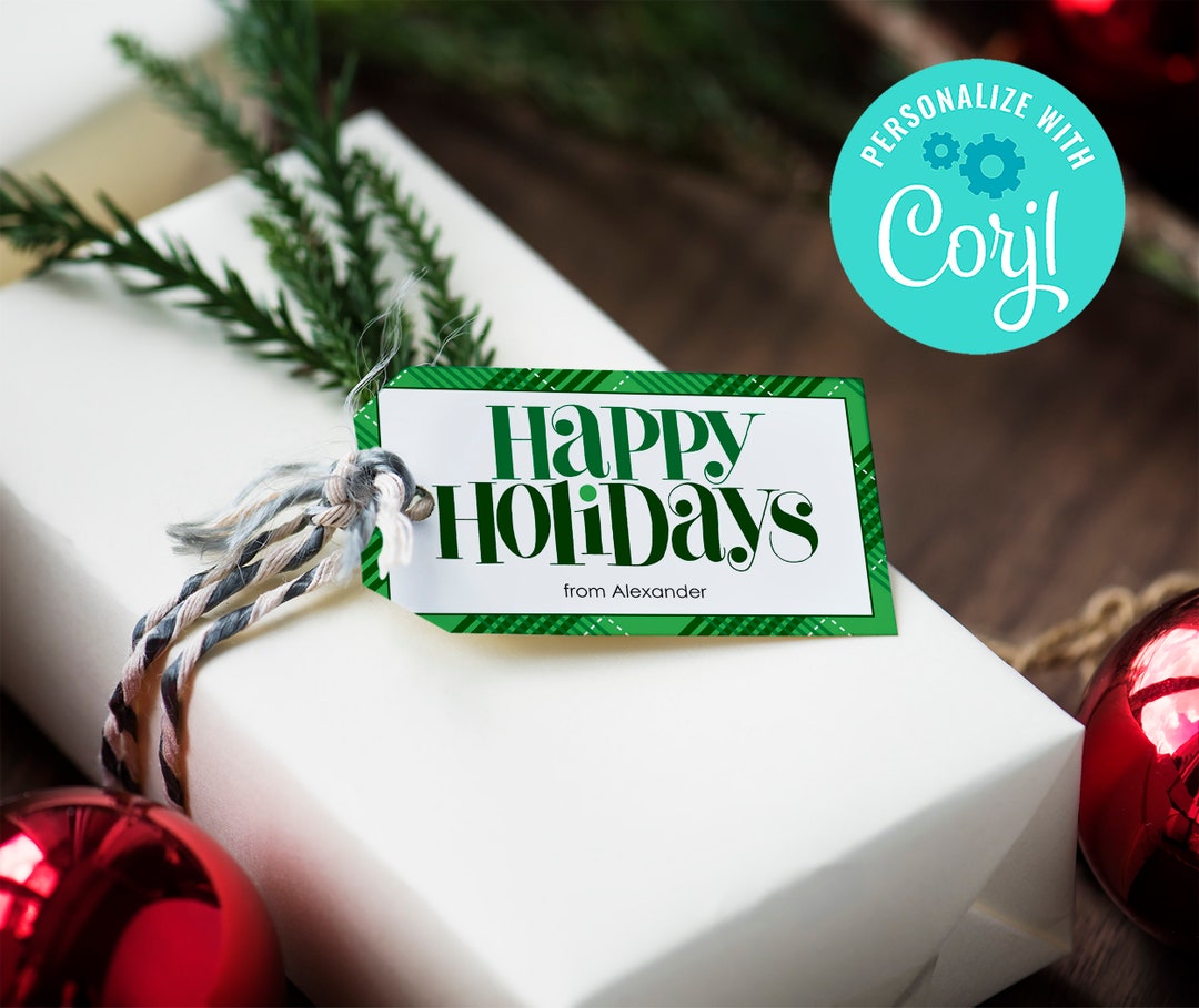 Editable Happy Holidays Gift Tag, Green Happy Holidays Bag Tag, Green ...