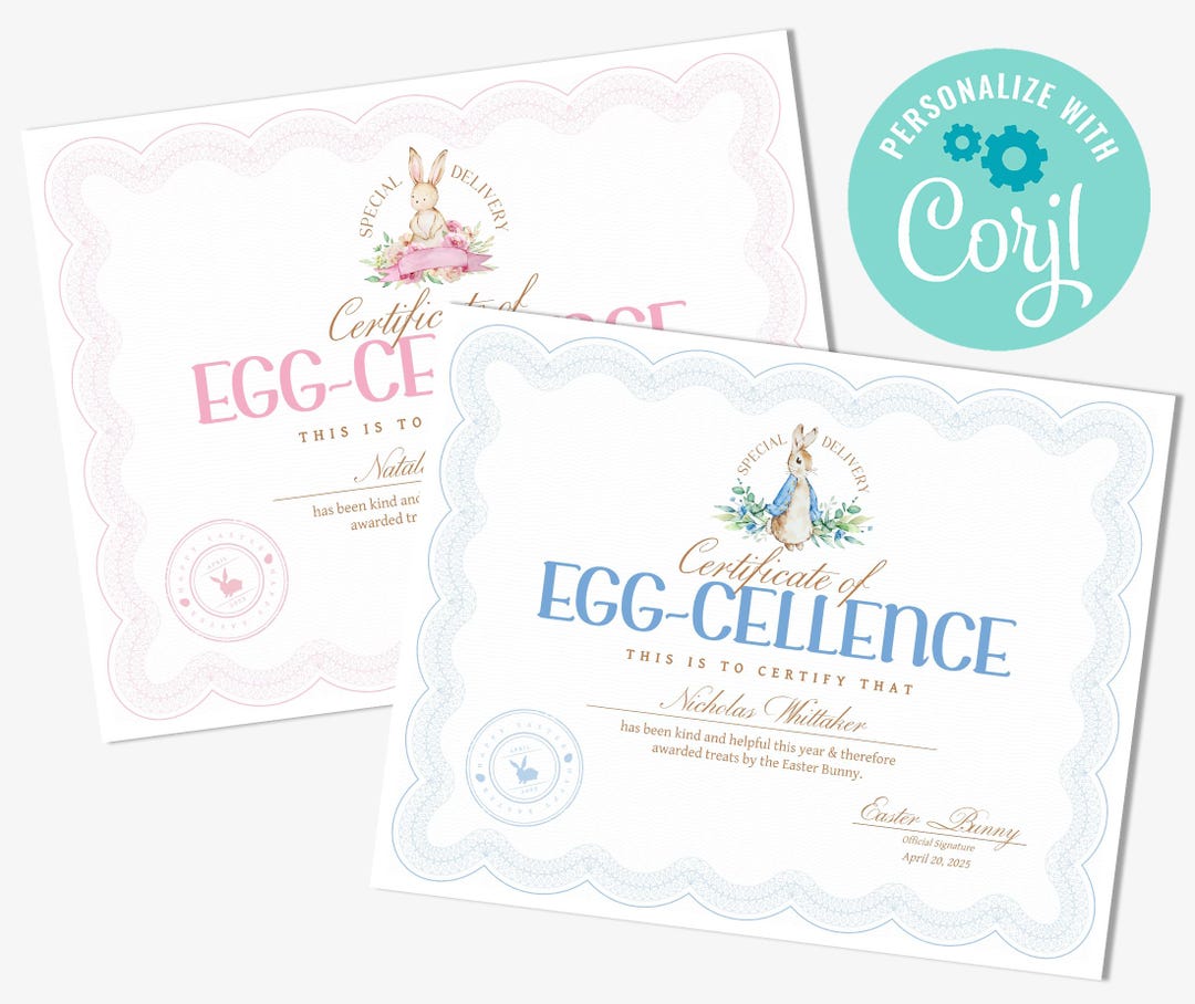 Editable Easter Bunny Egg-cellence Certificate: Pink & Blue (instant ...