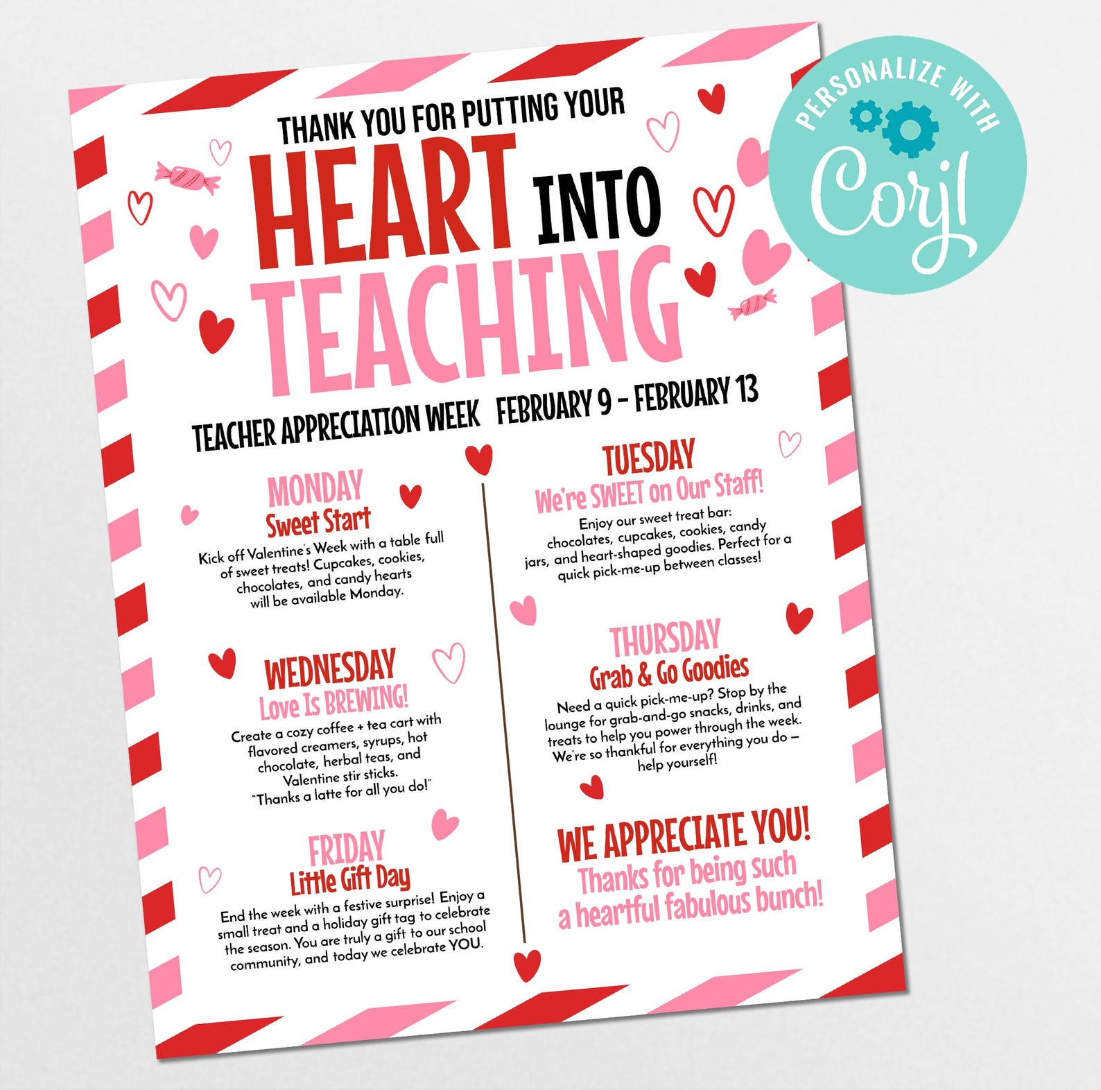 Valentine Teacher Appreciation Week Flyer, Editable 5-day Event (corjl ...