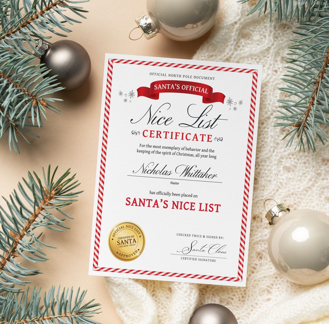 Printable Santa Claus Nice List Certificate, Editable Santa's Official ...
