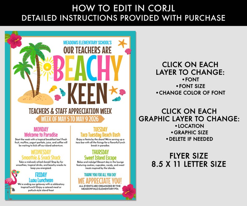 Editable Beach Theme Teacher & Staff Appreciation Sun Itinerary Flyer ...