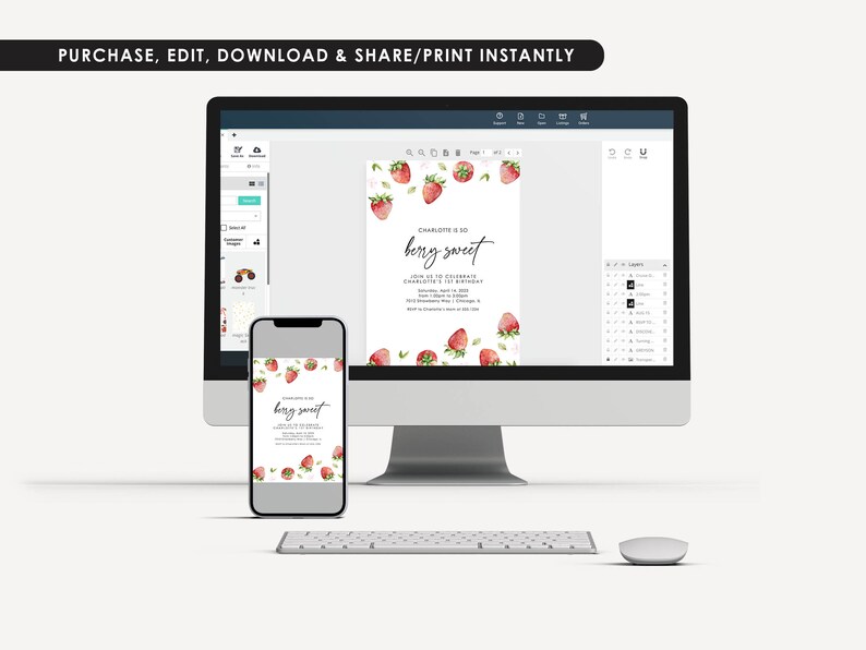 Strawberry First Birthday Invitation: Editable Template (digital ...