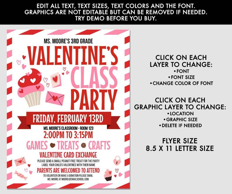Editable Valentine Party Flyer, School Classroom Printable (CORJL) - Etsy