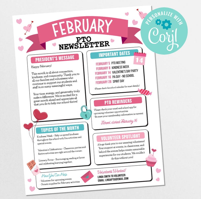 February School Newsletter Template, Editable PTO/PTA Flyer (corjl ...