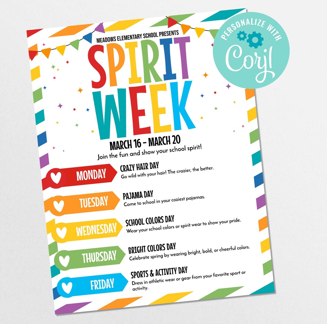 Spring Spirit Week Flyer | School Dress-up Days (editable in Corjl) - Etsy