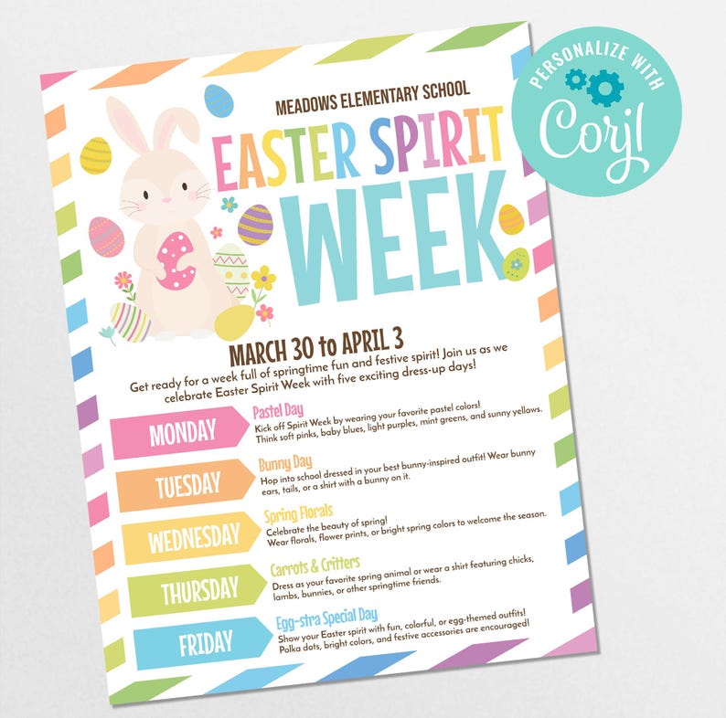 Easter Spirit Week Flyer Template, School Dress-up Schedule (corjl) - Etsy