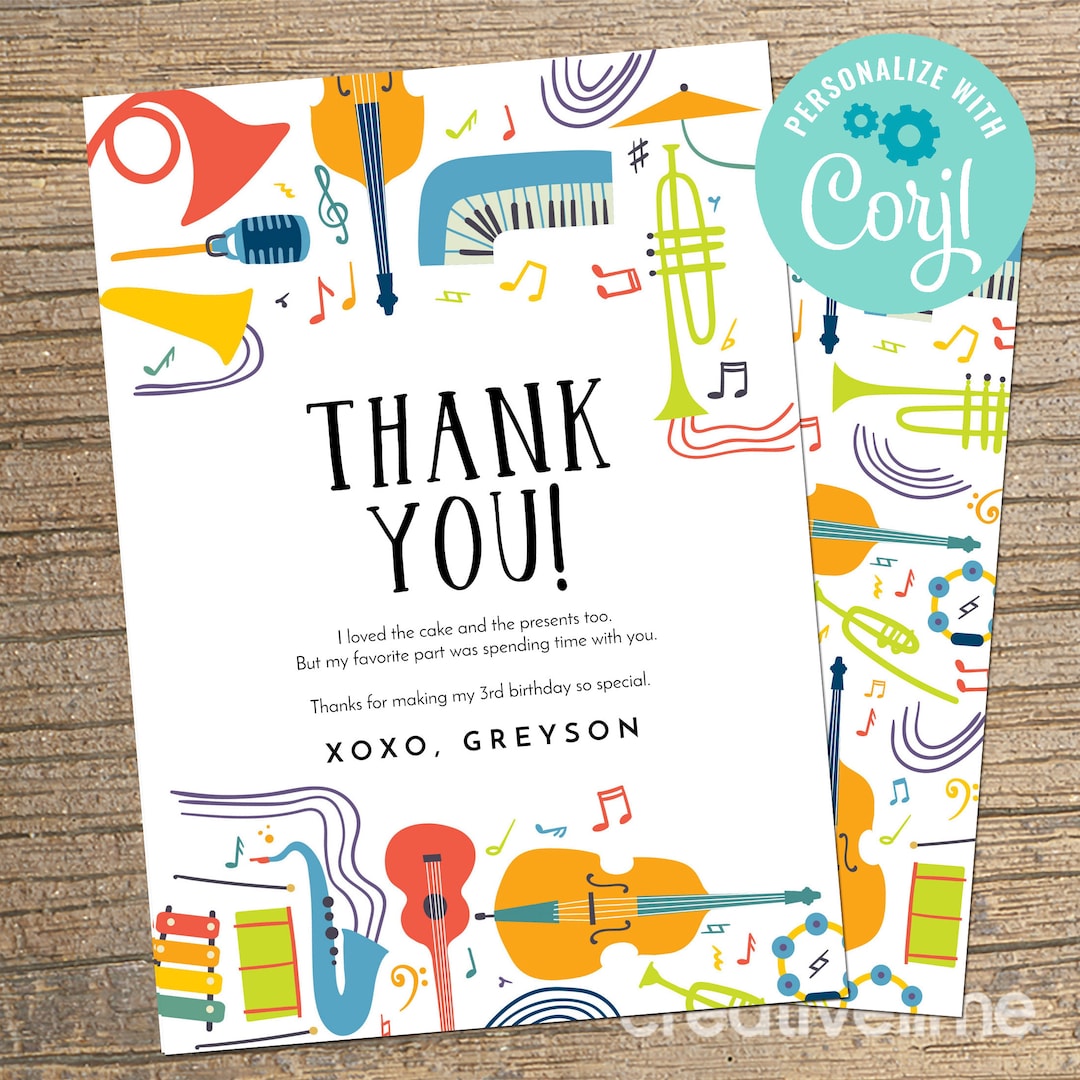 Music Birthday Thank You Card: Instruments, Sing and Dance (Editable ...