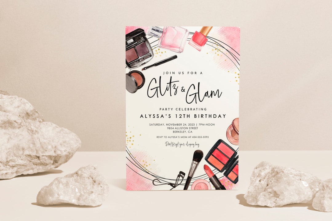 Glitz & Glam Makeup Birthday Invitation: Pink, Gold, Black (EDITABLE ...