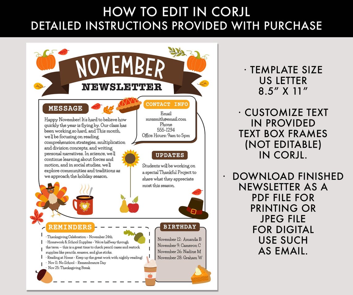November Thanksgiving Classroom Newsletter Template - Editable in Corjl ...