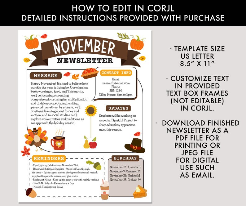 November Thanksgiving Classroom Newsletter Template - Editable in Corjl ...