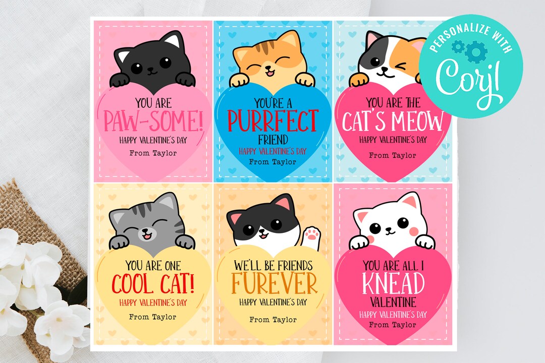 Editable Cat Valentine's Day Cards: Kids Classroom Exchange (digital ...