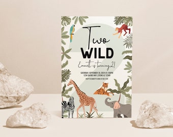 Boy's Two Wild Animals Safari Zoo Jungle Birthday Invitation - Editable ...