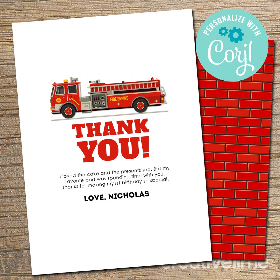 Fire Truck Thank You Card: Editable Birthday Party (digital Download ...
