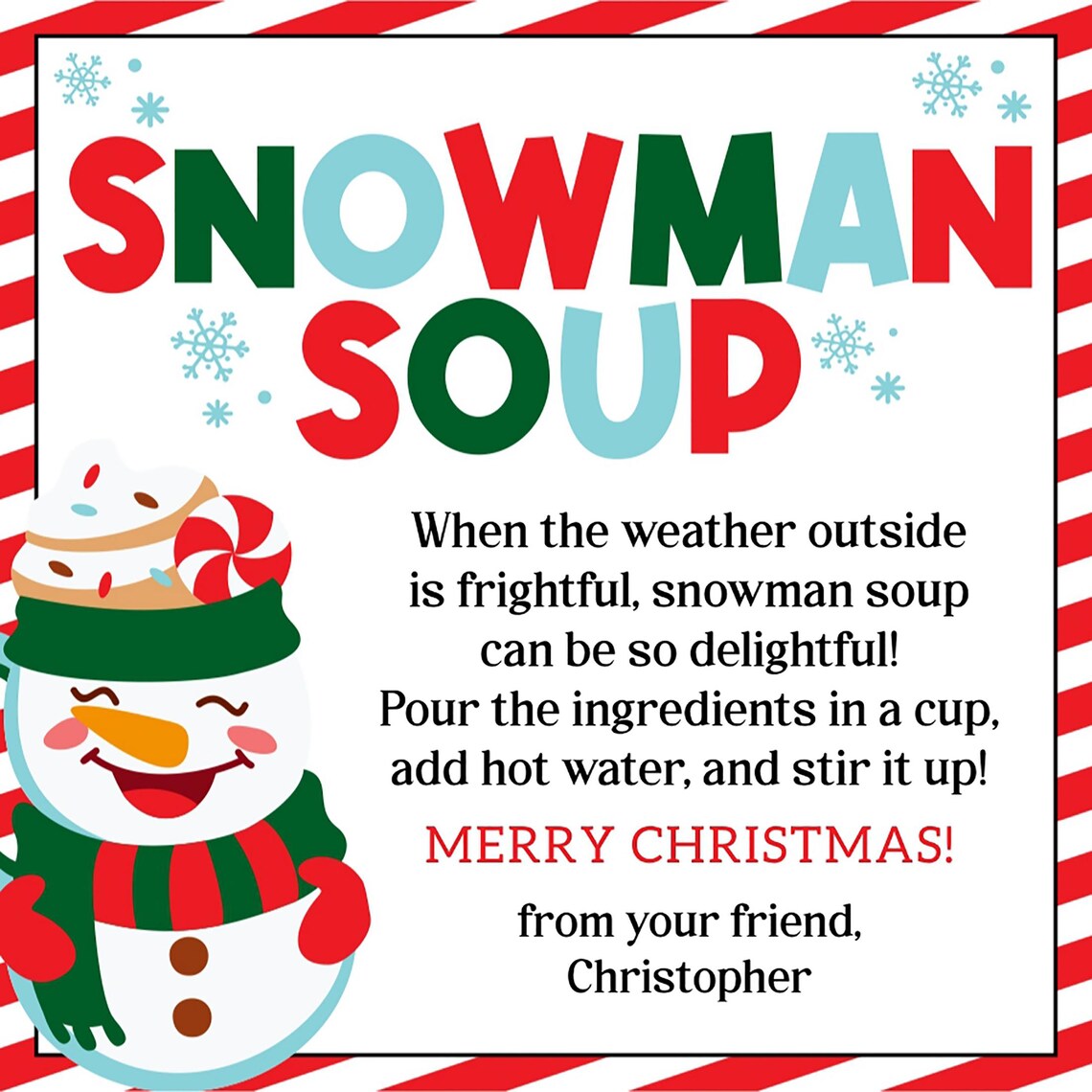 Snowman Soup Gift Tag: Editable Christmas Hot Cocoa Instructions ...