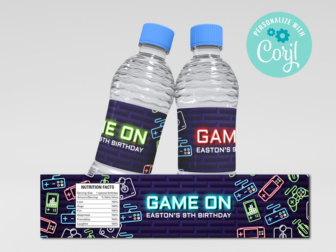 Video Game Birthday Water Bottle Labels: Neon Gaming Party (editable ...