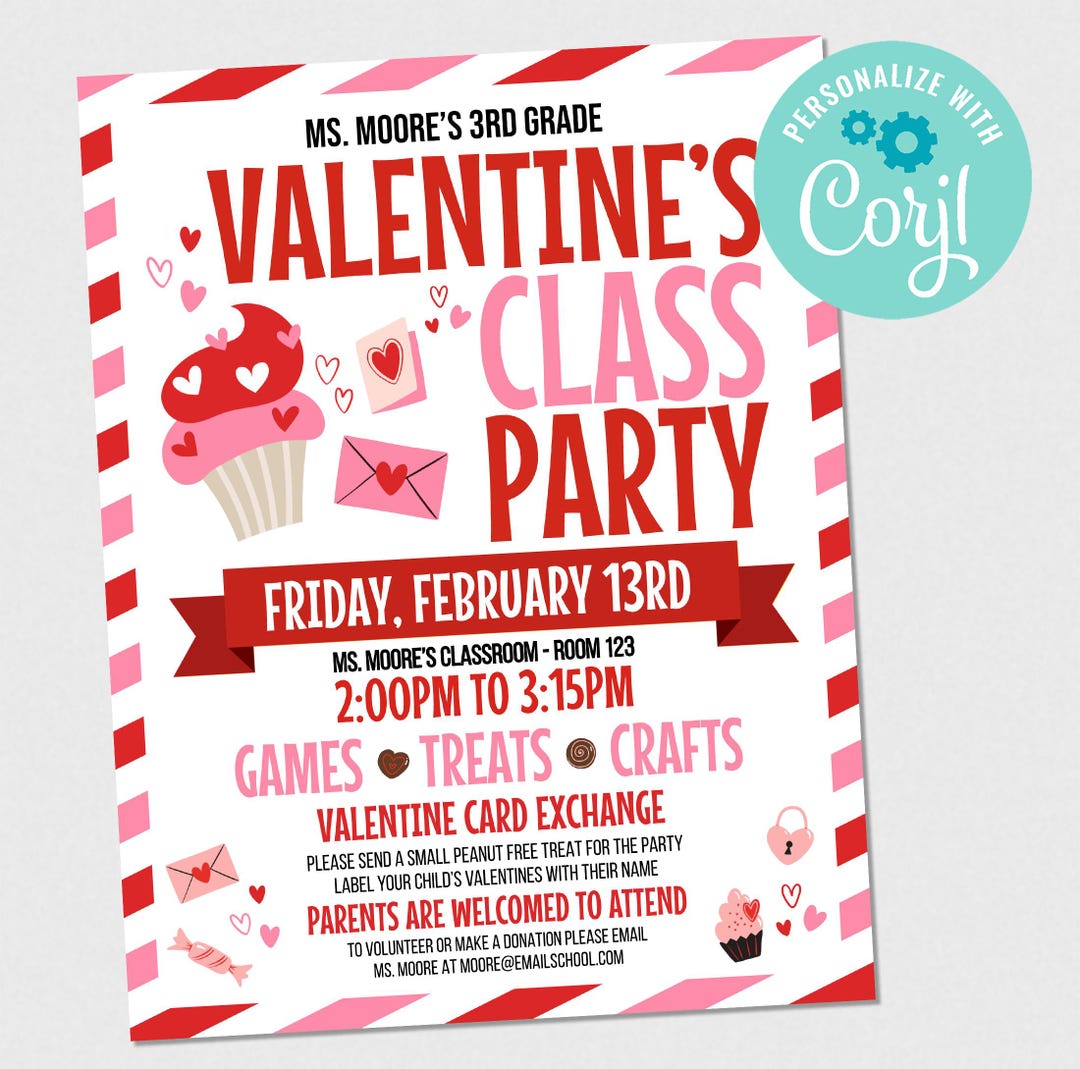 Editable Valentine Party Flyer, School Classroom Printable (CORJL) - Etsy