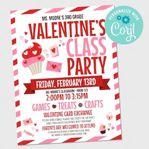 Editable Valentine Party Flyer, School Classroom Printable (CORJL) - Etsy