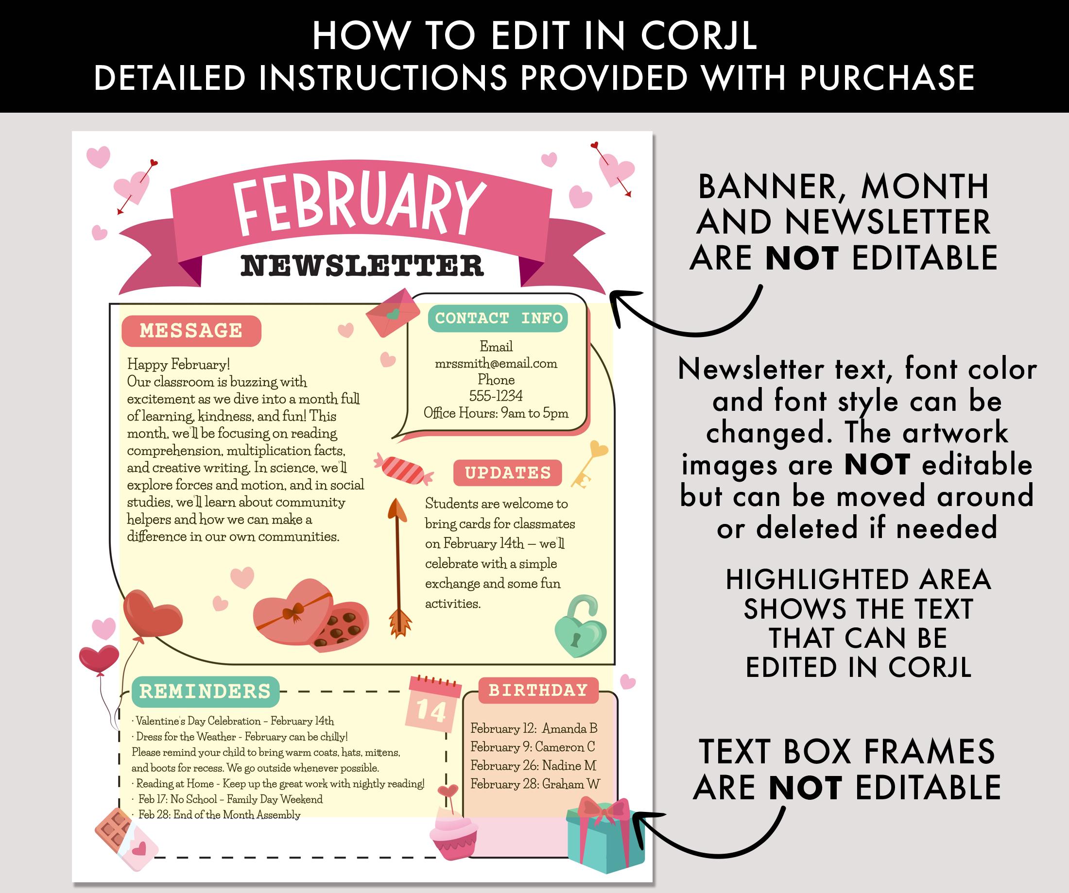 Editable February Classroom Newsletter: Valentine's Day Template (corjl ...
