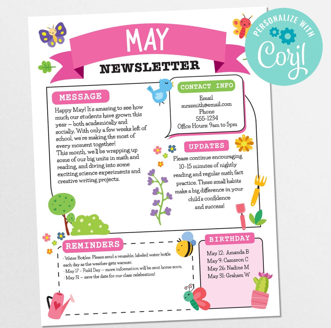 May Classroom Newsletter Template: Spring Teacher Communication (corjl ...