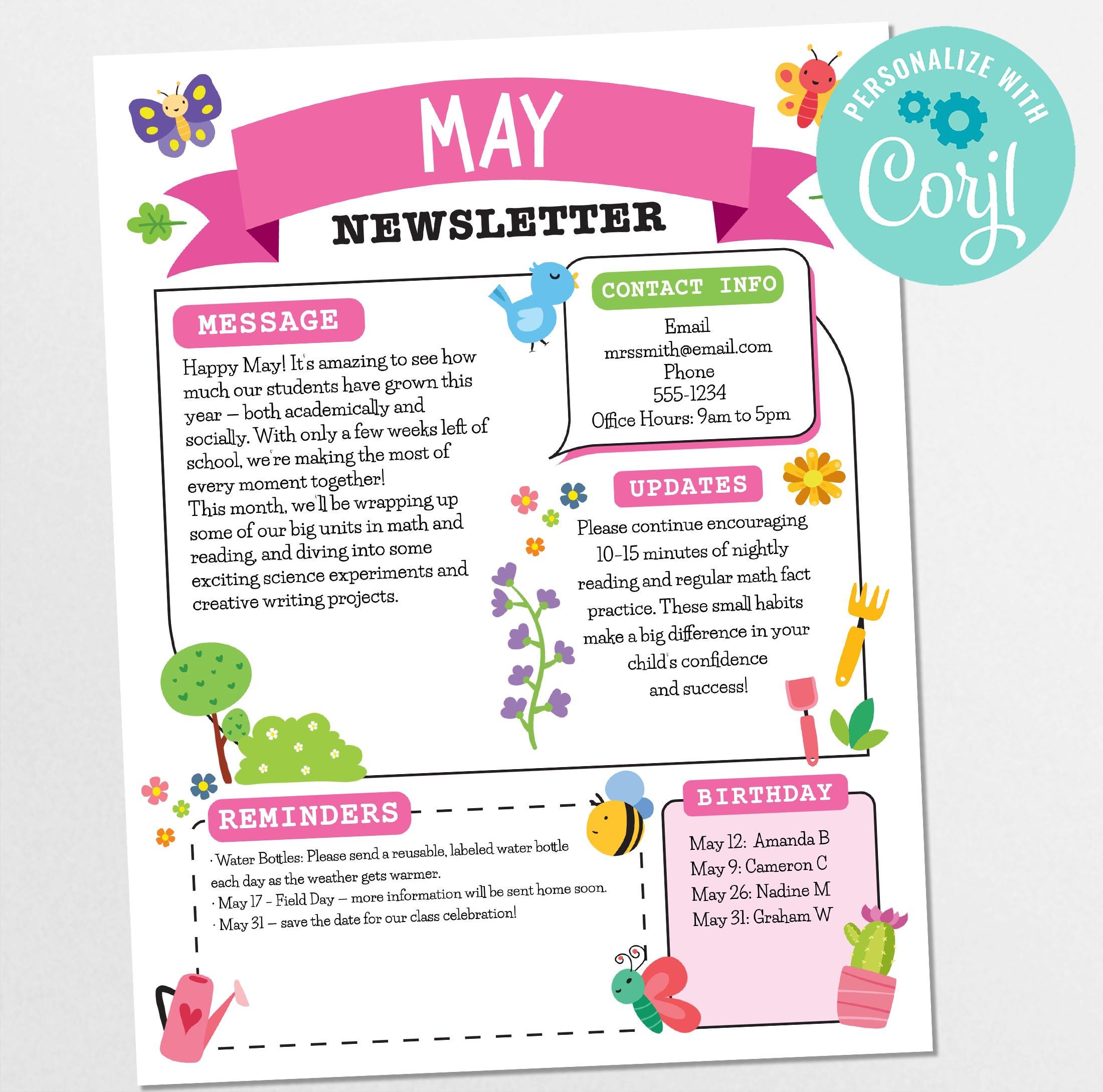 May Classroom Newsletter Template: Spring Teacher Communication (corjl ...