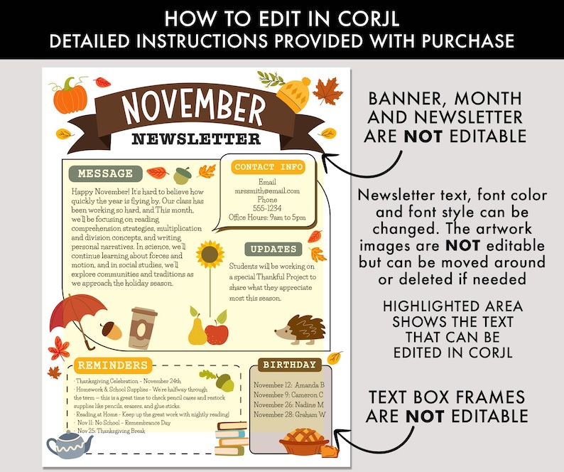 Editable November Classroom Newsletter: Fall Autumn Template (corjl ...