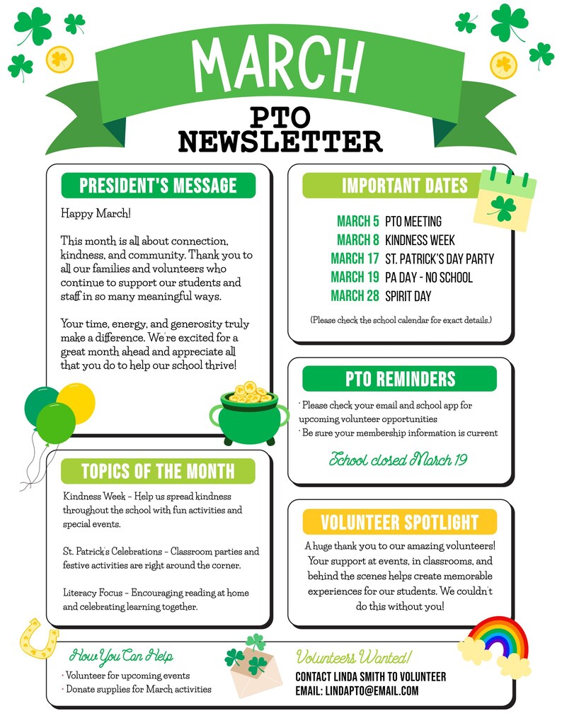 March PTO Newsletter Template, St. Patrick's Day Theme Editable School ...