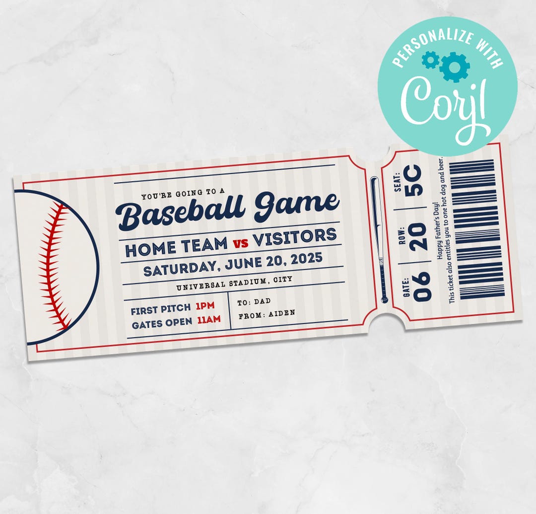 EDITABLE PRINTABLE Baseball Game Ticket, Baseball Gift Certificate ...