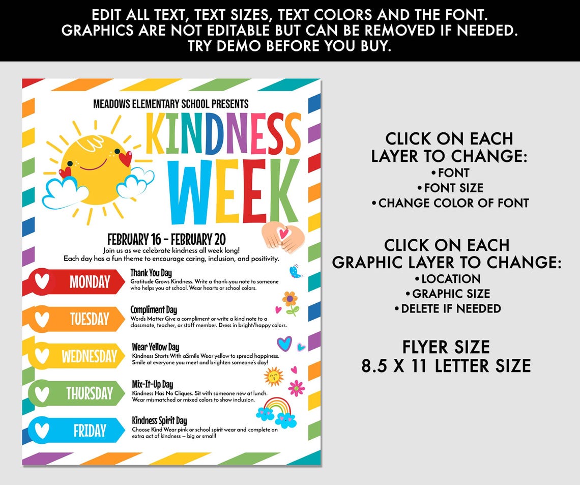 Kindness Week Spirit Days Flyer | Editable School Activities (CORJL) - Etsy