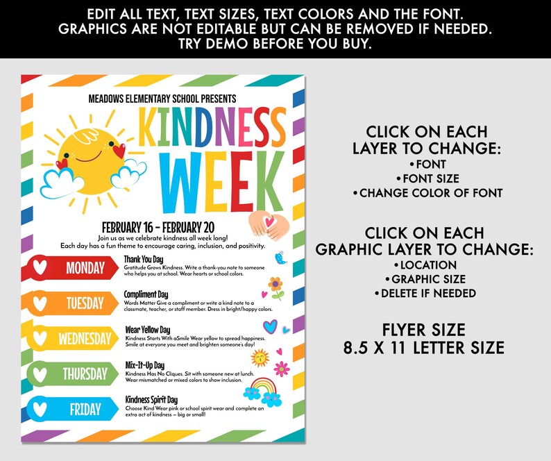 Kindness Week Spirit Days Flyer | School Kindness Week Activities ...