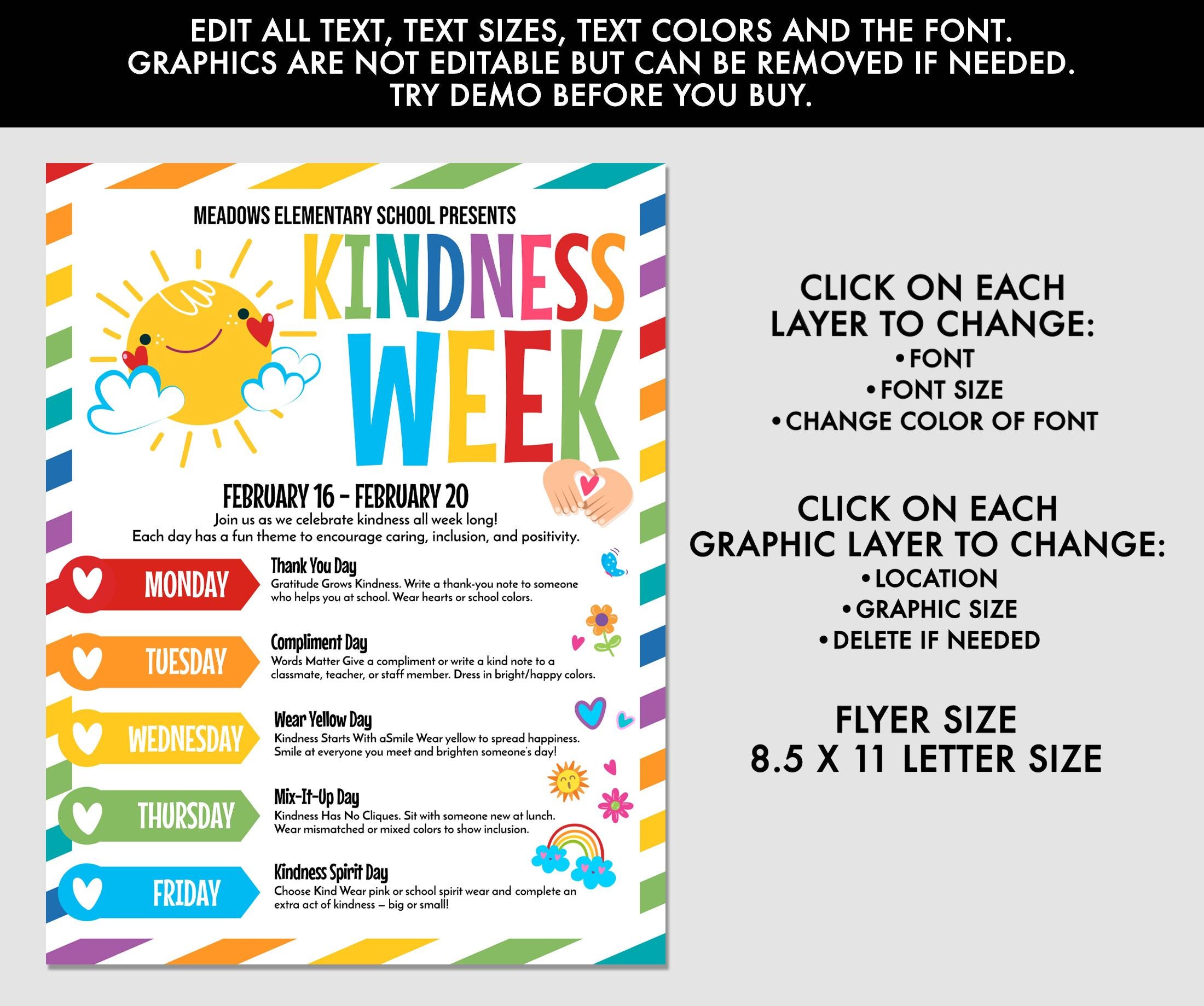 Kindness Week Spirit Days Flyer | School Kindness Week Activities ...