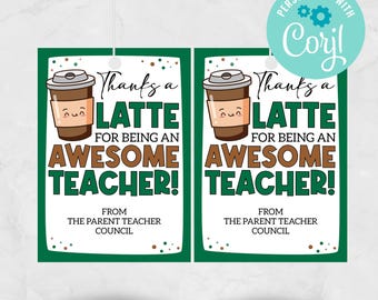 Thanks a Latte Christmas Coffee Tag Editable, Teacher Holiday Gift ...