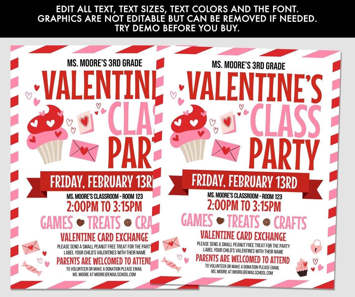 Editable Valentine Party Flyer, School Classroom Printable (CORJL) - Etsy