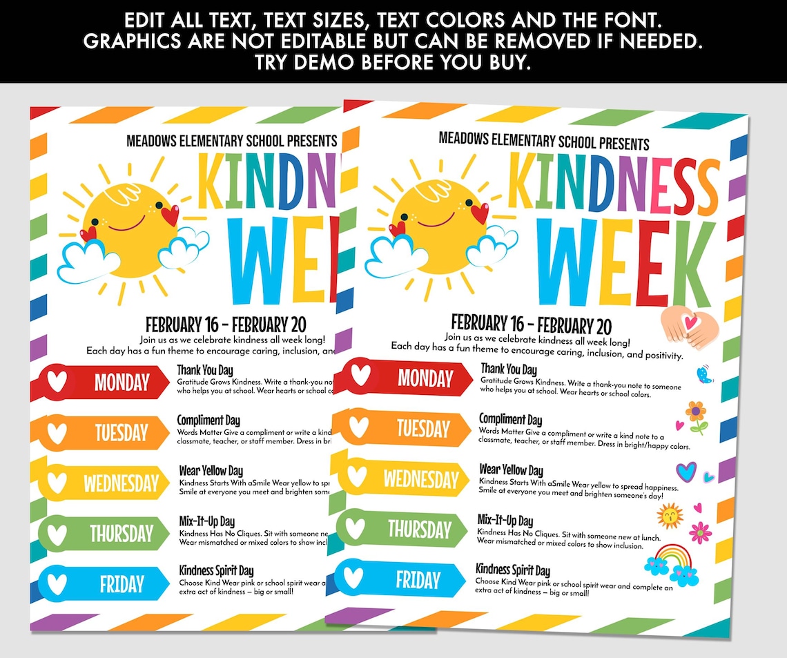Kindness Week Spirit Days Flyer | Editable School Activities (CORJL) - Etsy