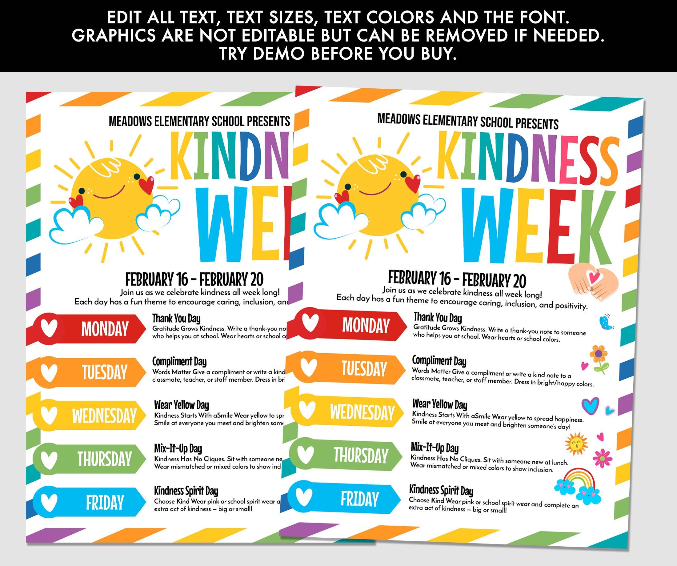 Kindness Week Spirit Days Flyer | School Kindness Week Activities ...