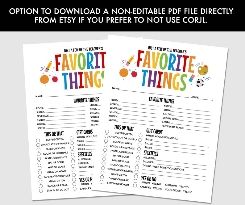 EDITABLE Teacher Favorite Things List in Corjl + Printable PDF ...