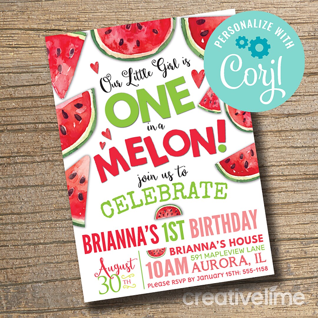 Watermelon Party Invitation, One in a Melon Birthday Invitations, 1st ...