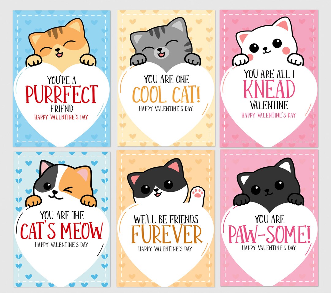 Printable Cat Valentine's Day Cards for Kids (instant Download) - Etsy