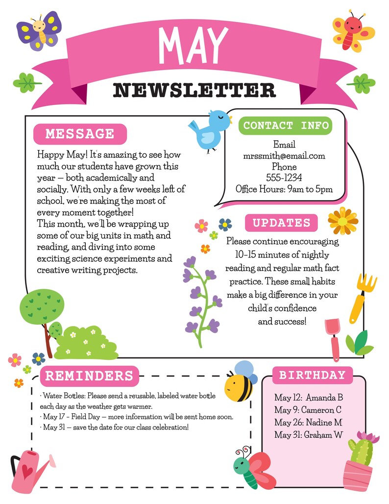 May Classroom Newsletter Template: Spring Teacher Communication (corjl ...