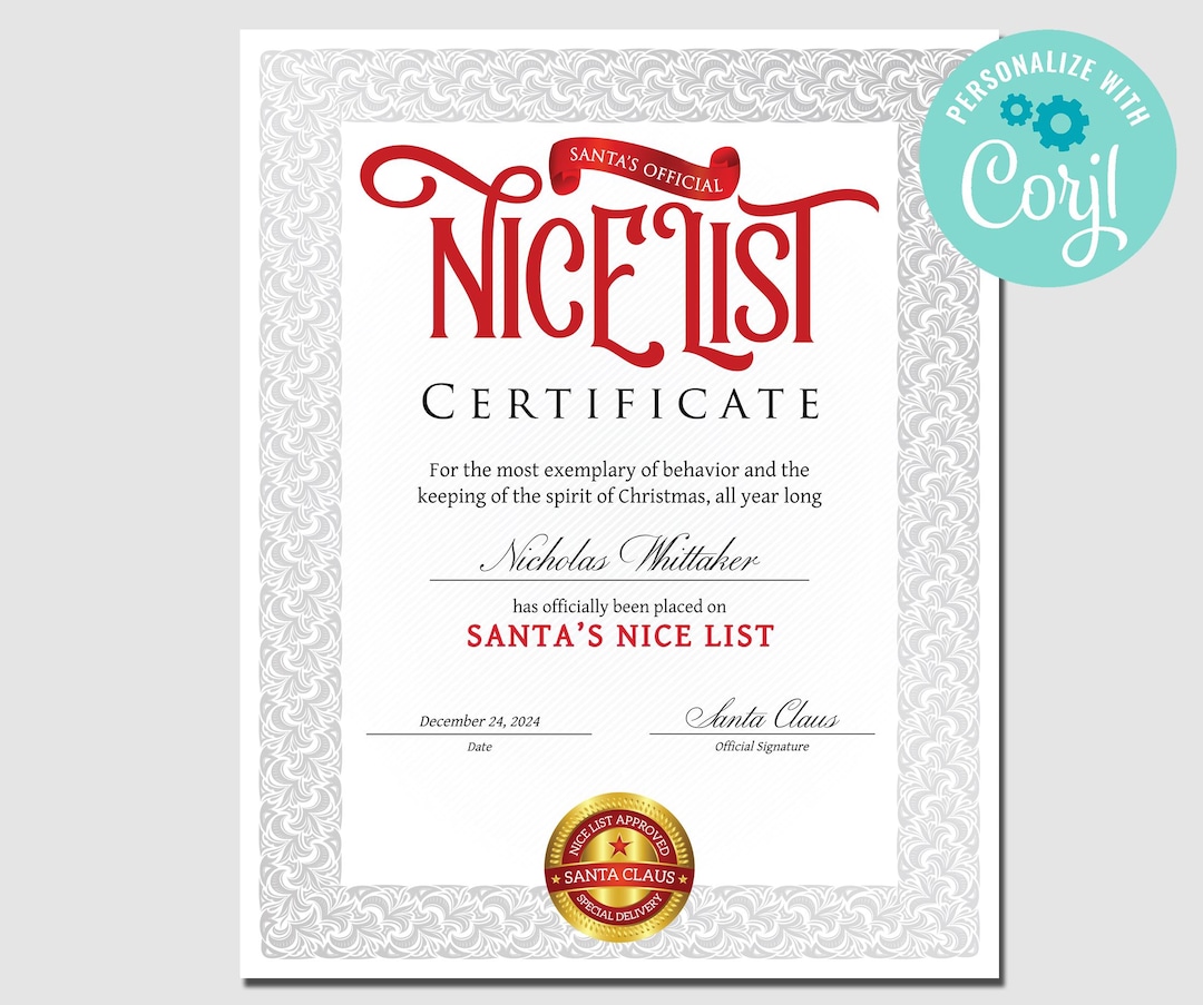 Editable Santa's Nice List Certificate: Official Document (instant ...