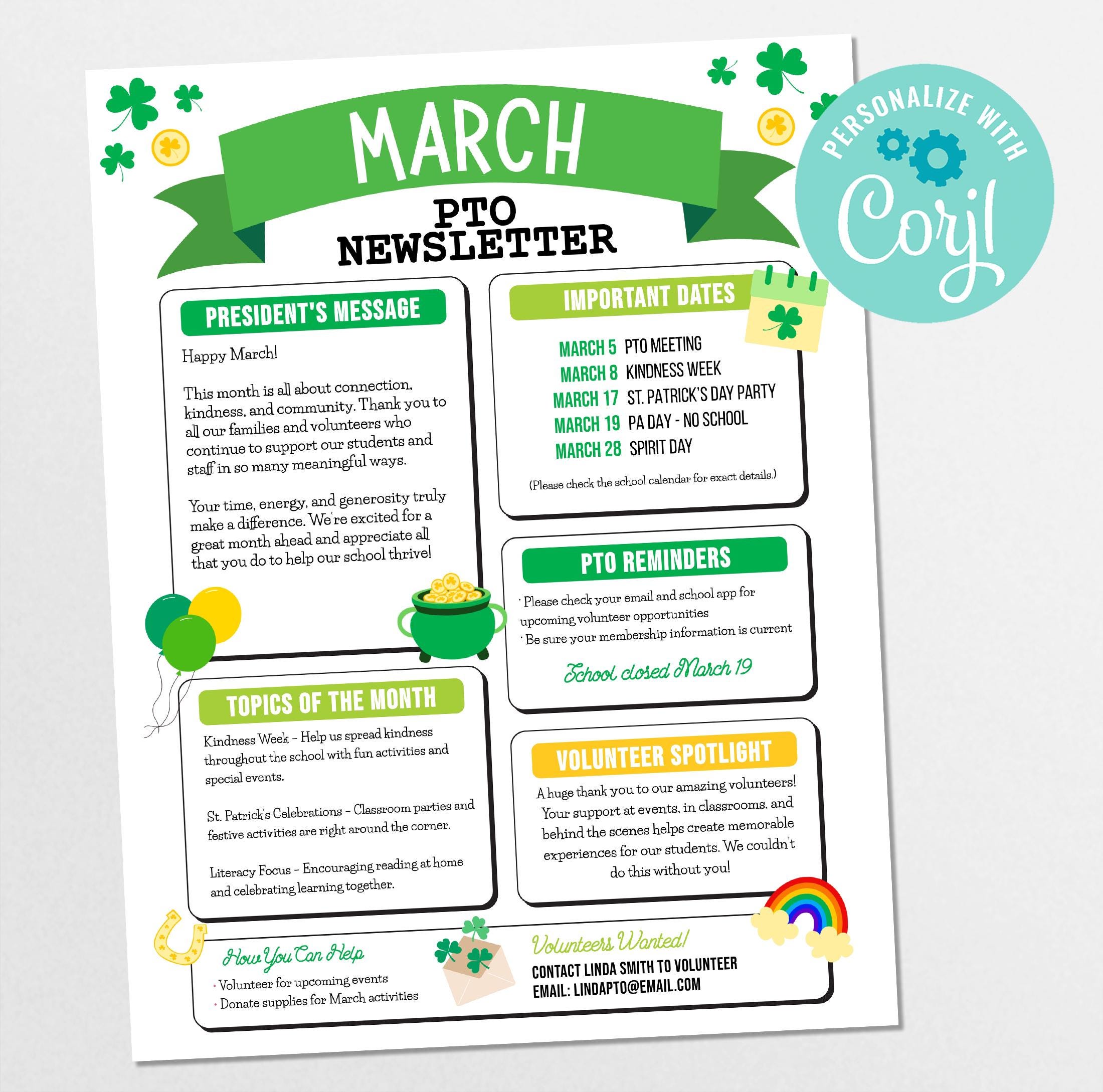 St. Patrick's Day PTO Newsletter Template, Editable School Flyer (corjl ...