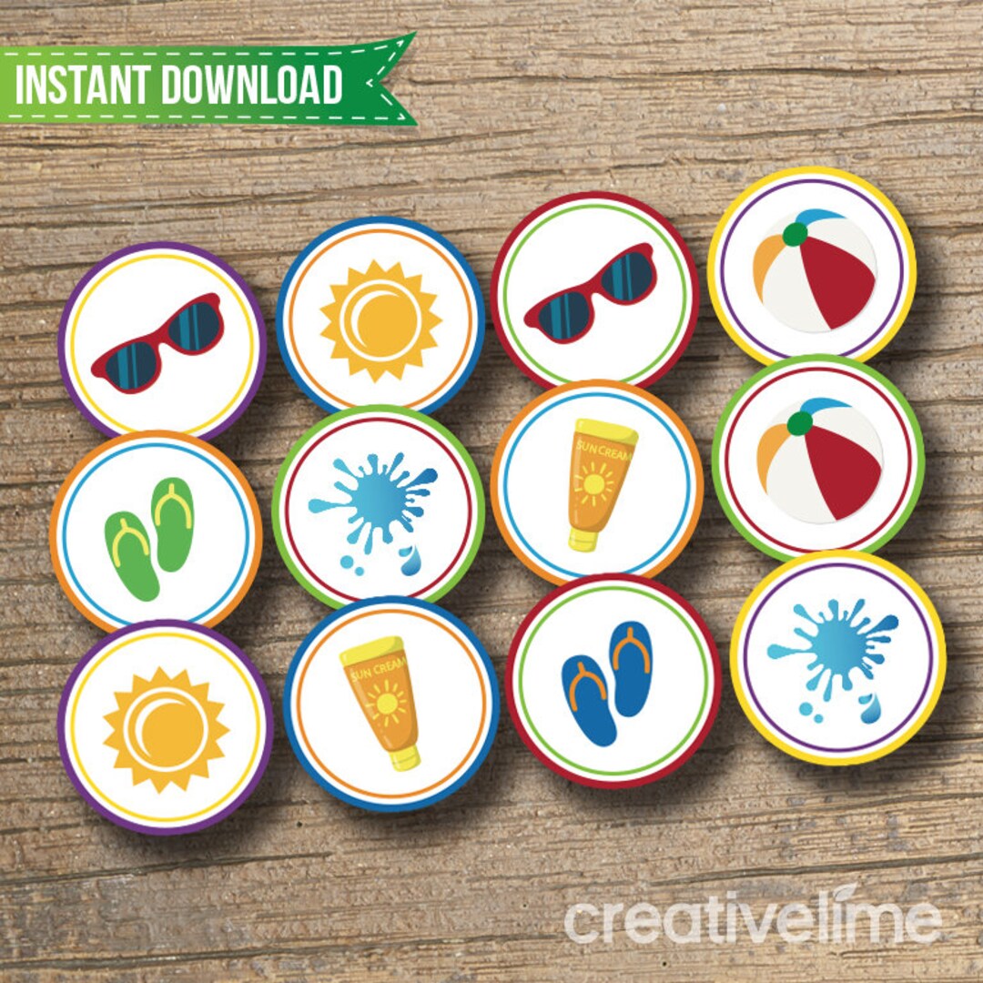 Printable Summer Party Cupcake Toppers: Waterslide Favor Tags (digital ...